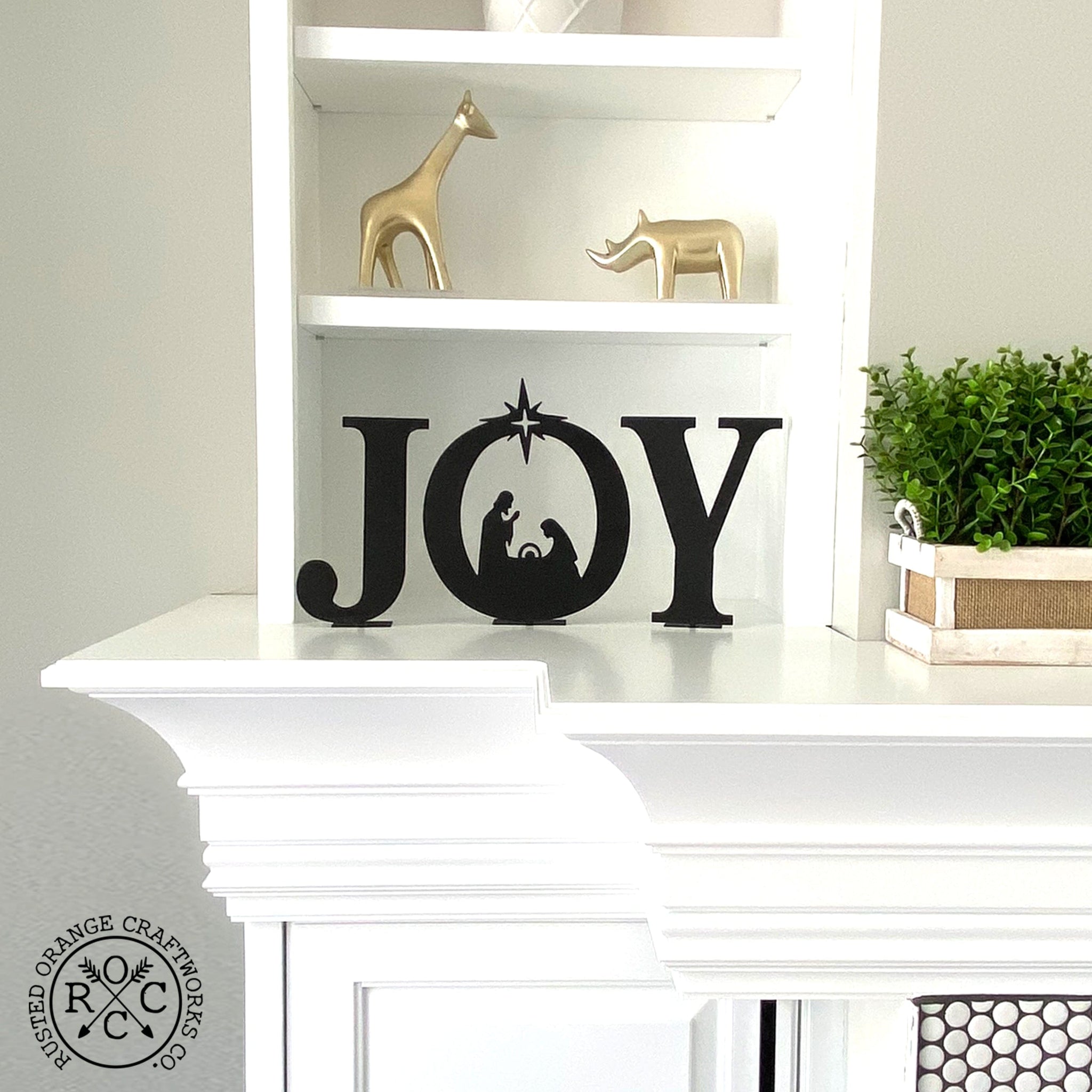 Joy Nativity - Metal Stand Up Joy Sign with Christmas Manger Scene