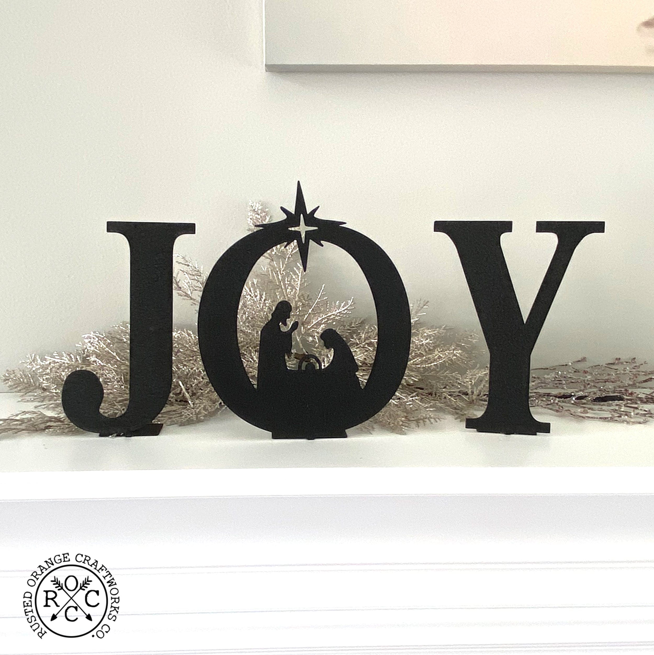 Joy Nativity - Metal Stand Up Joy Sign with Christmas Manger Scene ...