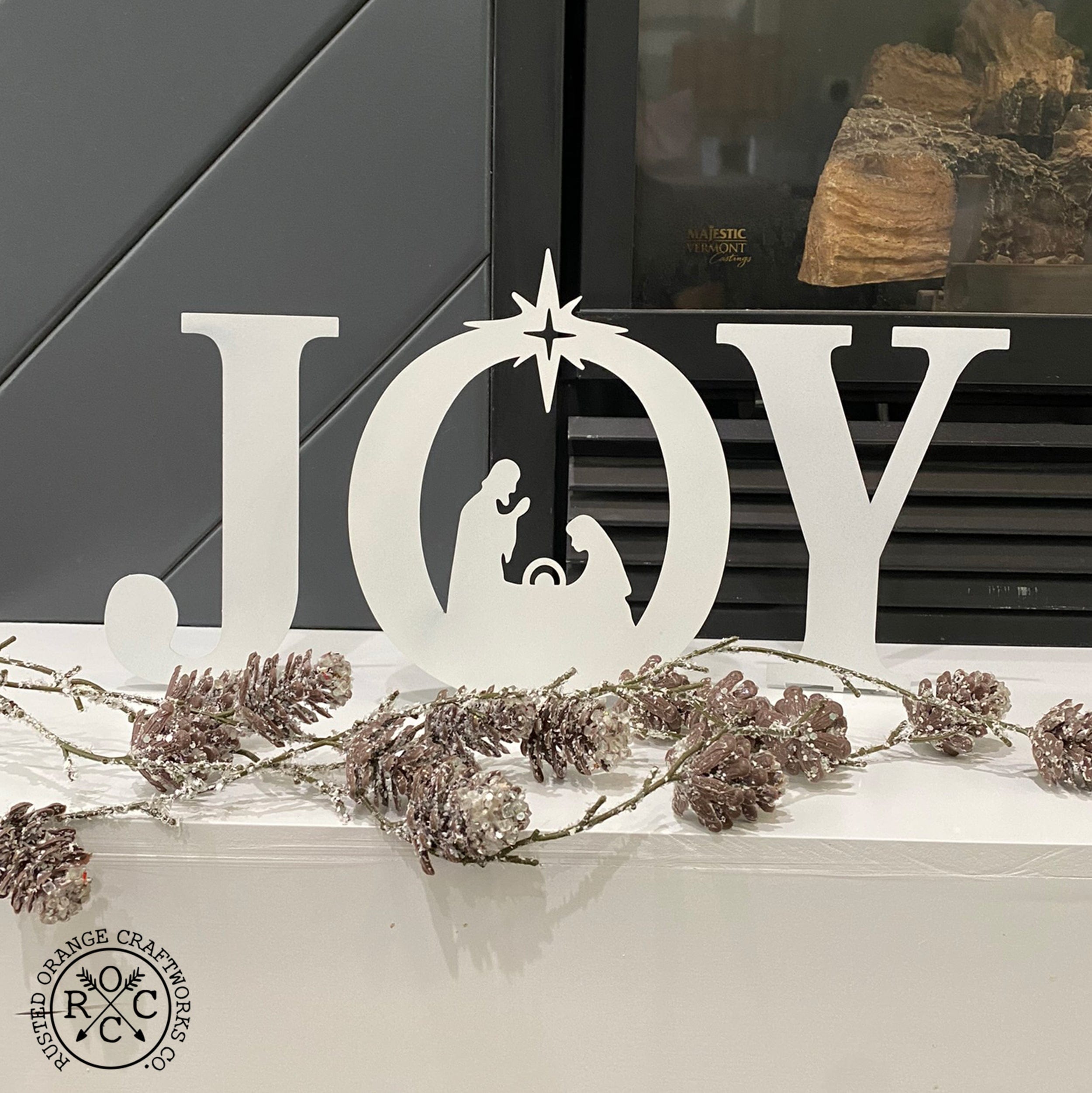 Joy Nativity - Metal Stand Up Joy Sign with Christmas Manger Scene