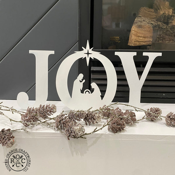 Joy Nativity - Metal Stand Up Joy Sign with Christmas Manger Scene ...
